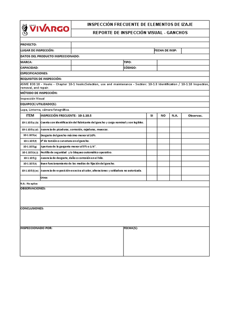 Reporte de Inspección Visual - Ganchos | PDF