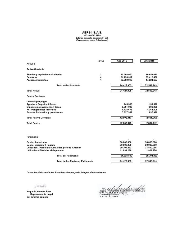 AEPSI SAS Balance Gral Dic 31 2019 2018 Notas Certificacion | PDF | Contabilidad | normas ...