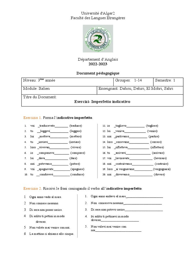Imperfetto - Esercizi | PDF