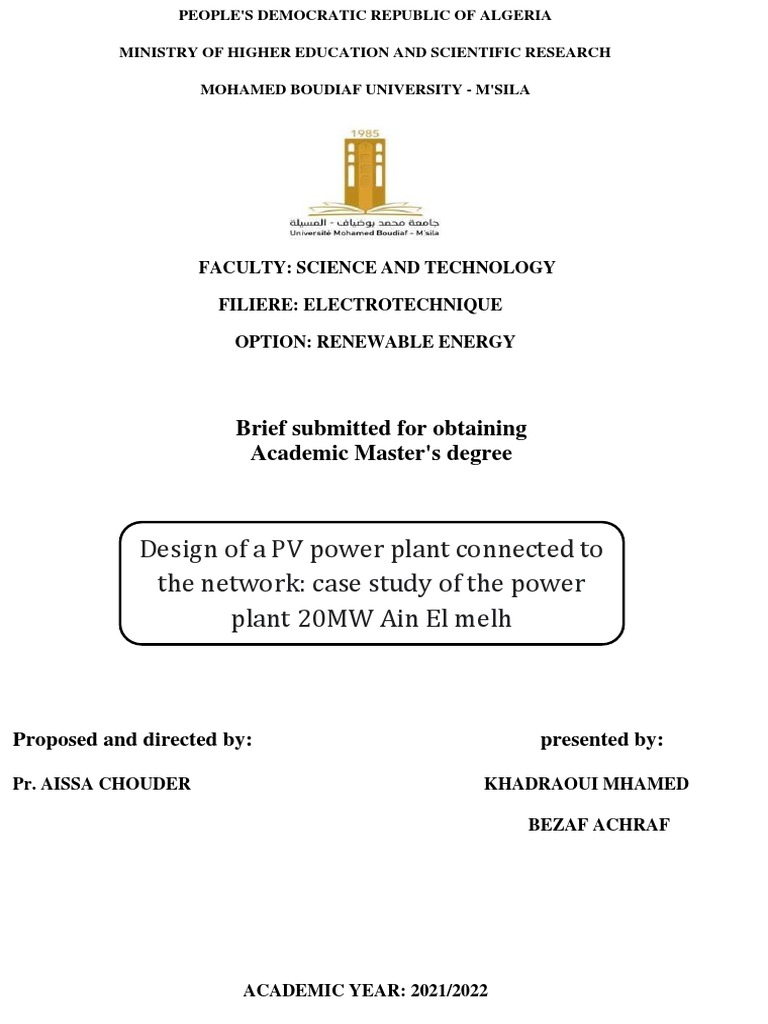 Memory - (Design of A PV Power Plant Connected To The Network) | PDF | Photovoltaics | P–N Junction