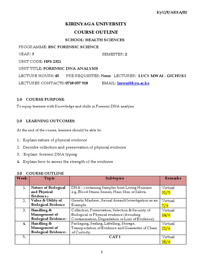 COURSE OUTLINE - HFS 2321 - FORENSIC DNA ANALYSIS - BSC Forensic ...