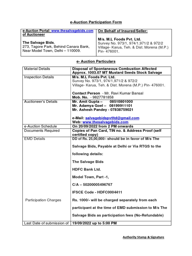 Final E-Auction Participation Form - M L Foods | PDF | Auction | Legal ...