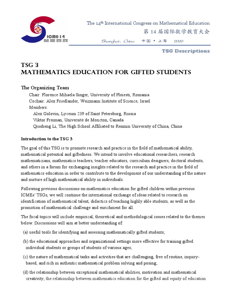 TSG 3 Icme 14 | PDF | Gifted Education | Intellectual Giftedness