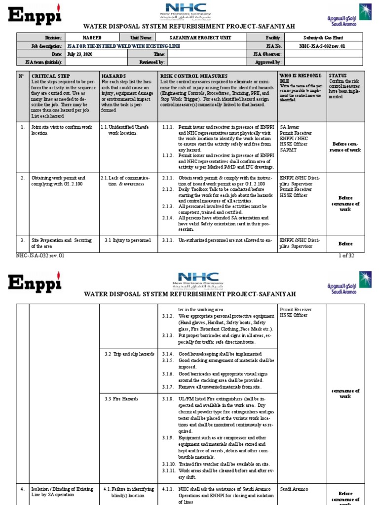 Jsa # 032 - Tie-In Feild Welding With Existing Line - Rev.01 | PDF