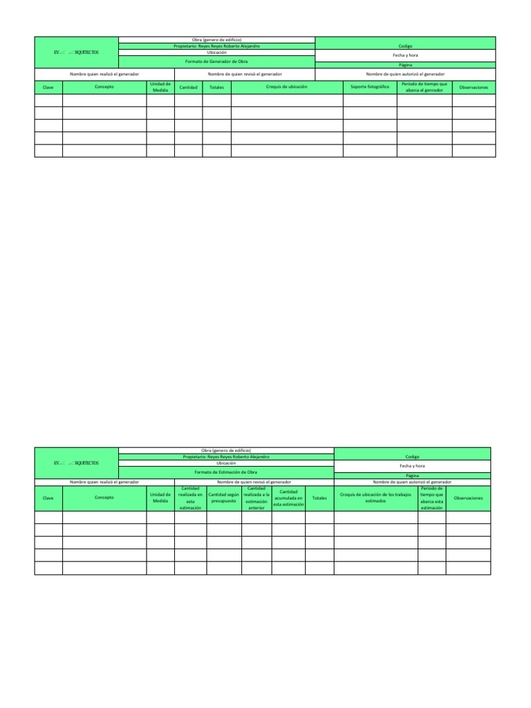 Formato De Generador De Obra Estimación De Obra Y Destajo Pdf