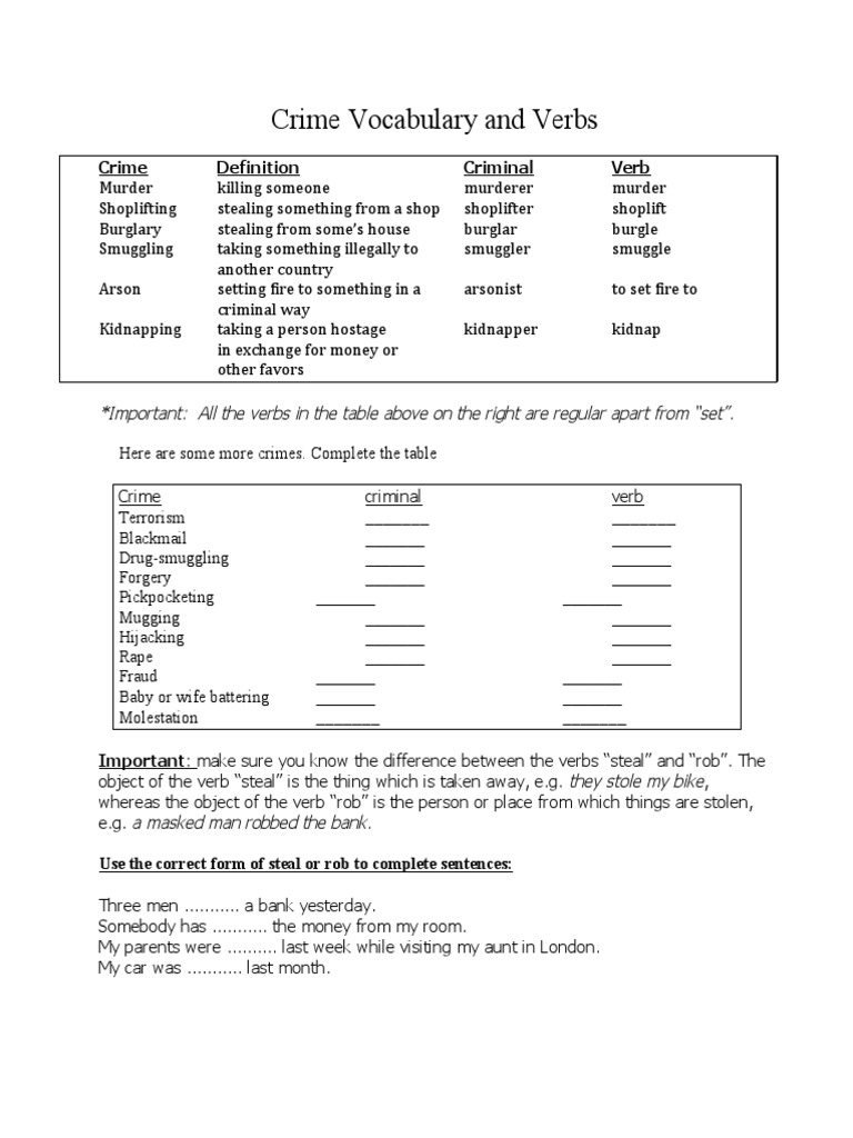 Crime Vocabulary and Verbs Worksheet | PDF