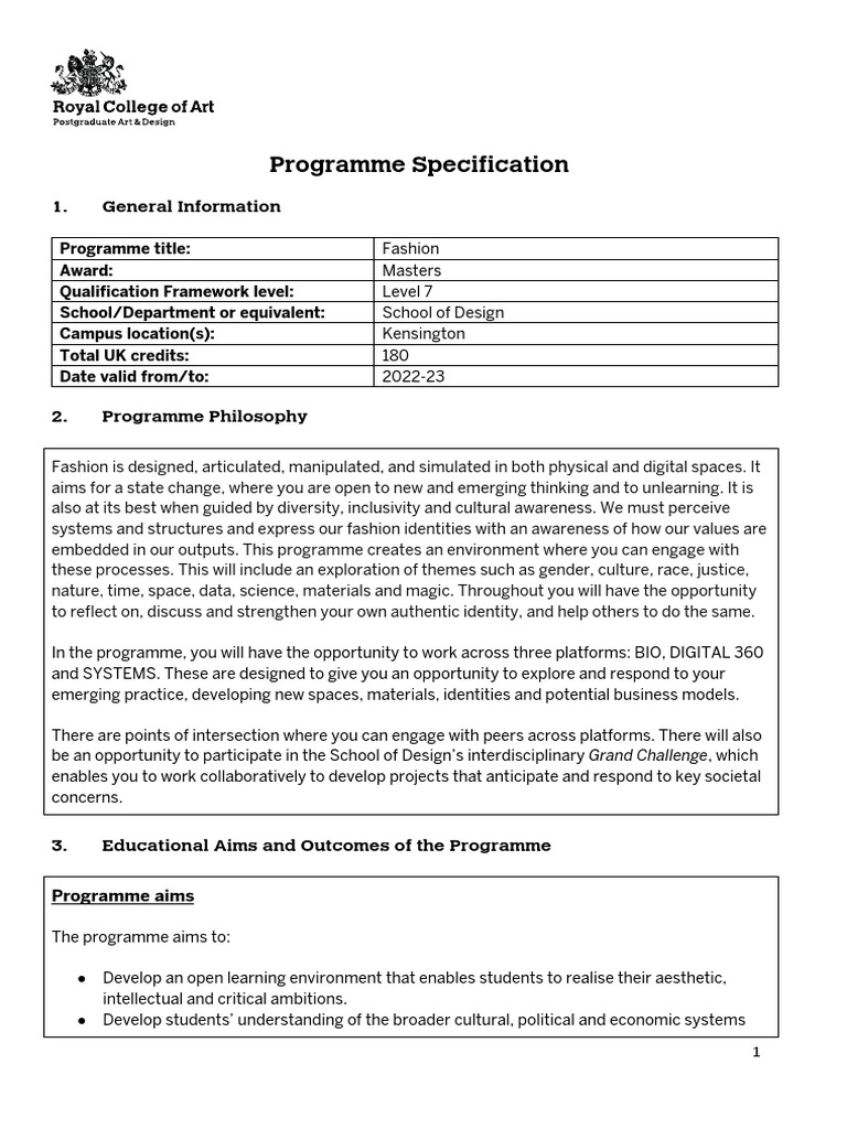 RCA Fashion MA Programme Specifications 2022 23 | PDF | Academic Degree | Diploma