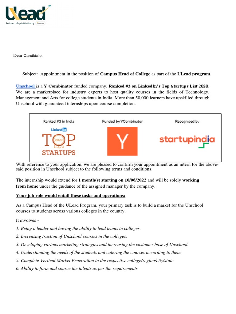 Campus Head - Offer Letter | PDF