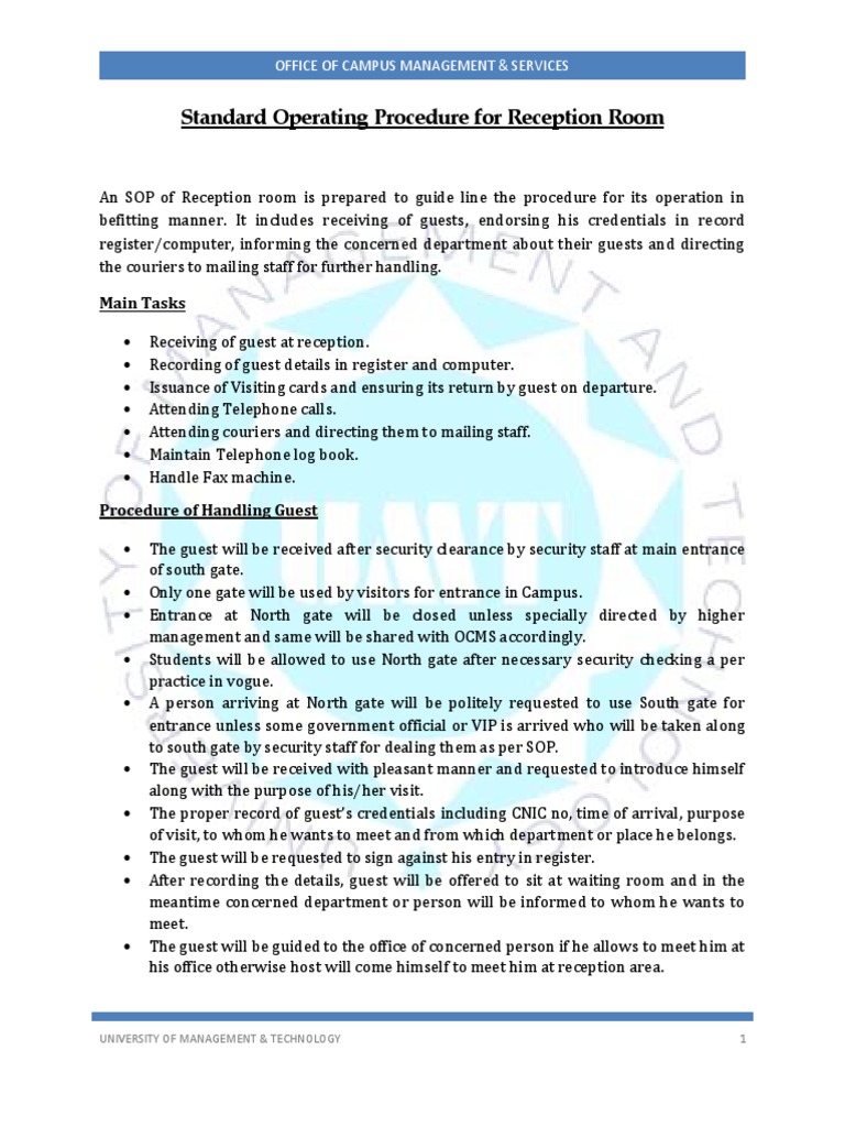 SOP For Reception Room | PDF | Finance & Money Management | Technology ...