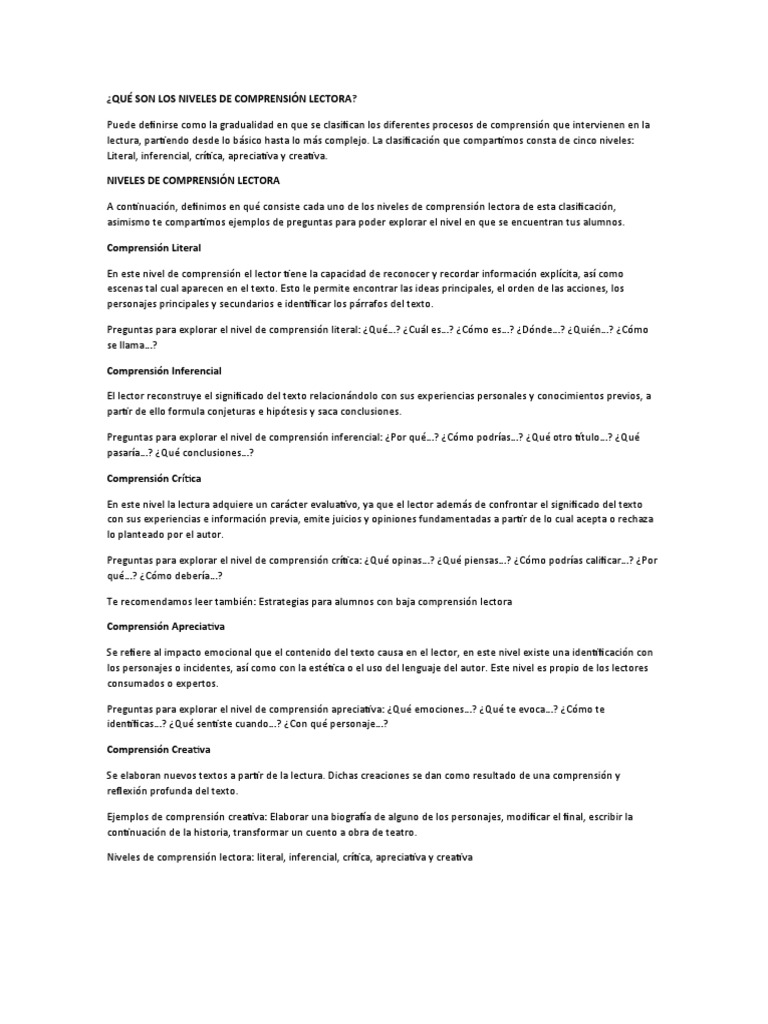Qué Son Los Niveles de Comprensión Lectora 2do Grado | PDF ...