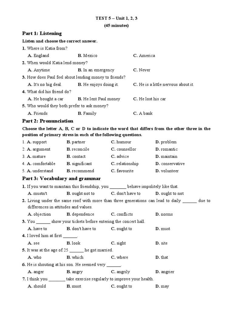 TEST 5 - Unit 1, 2, 3 (45 Minutes) | PDF