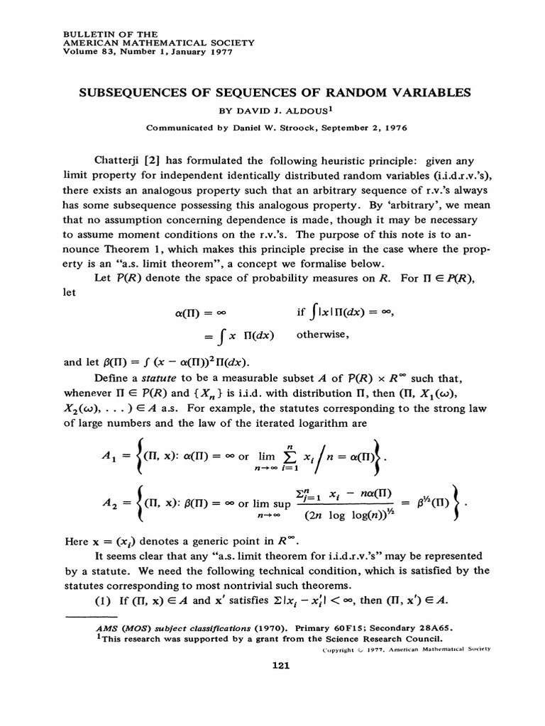 1977 - Aldous - Subsequences of Sequences of Random Variables | PDF