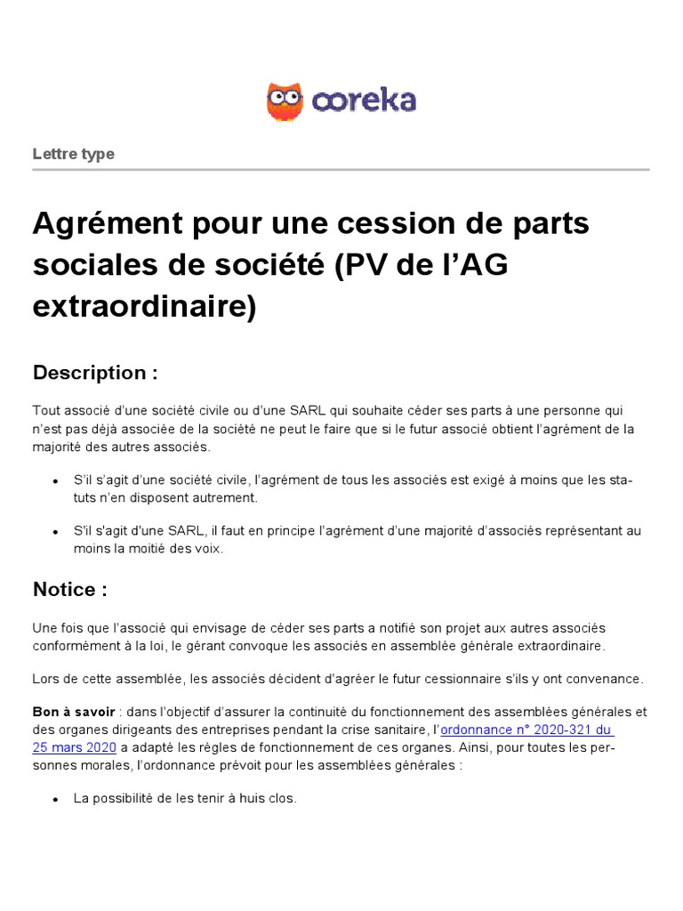 Ooreka Agrement Cession Parts Sociales Societe PV | PDF