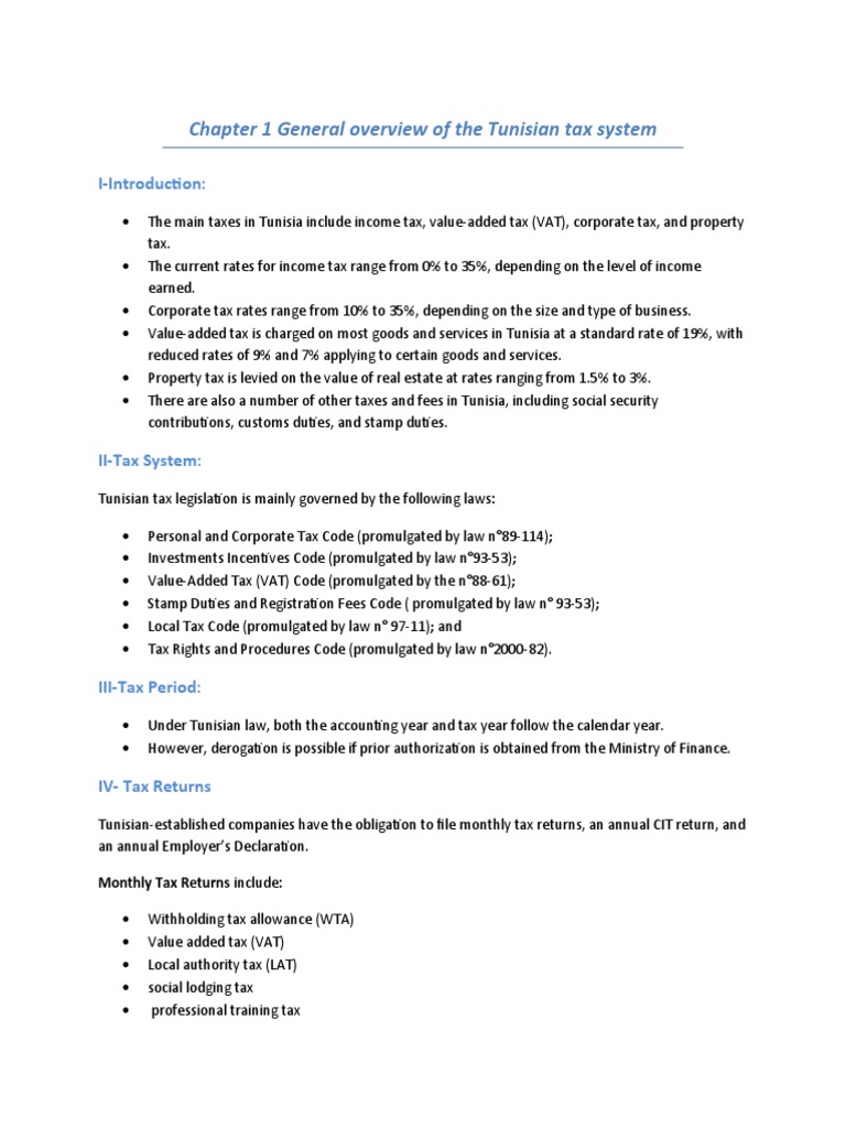 Chapter 1 General Overview of The Tunisian Tax System: I-Introduction | PDF | Taxes | Value ...