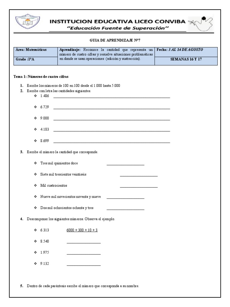 Matemáticas Sumas y Restas Numeros de 4 Cifras | PDF