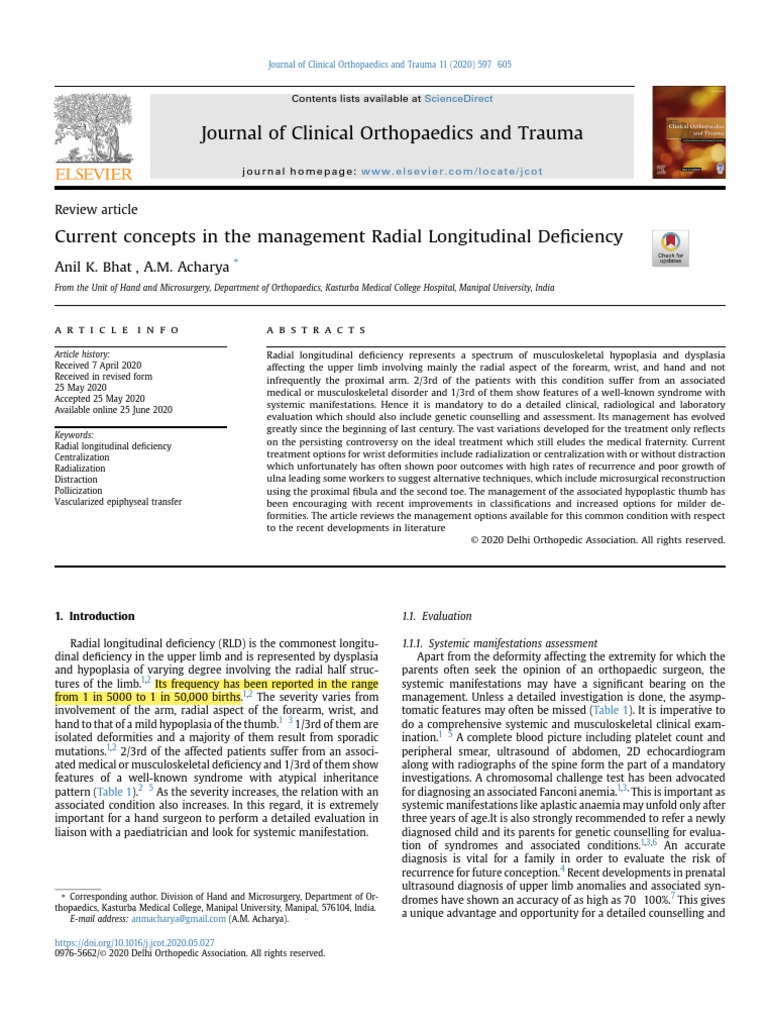 Bhat AK, Acharya AM. Current Concepts in The Management Radial Longitudinal Deficiency. J Clin ...