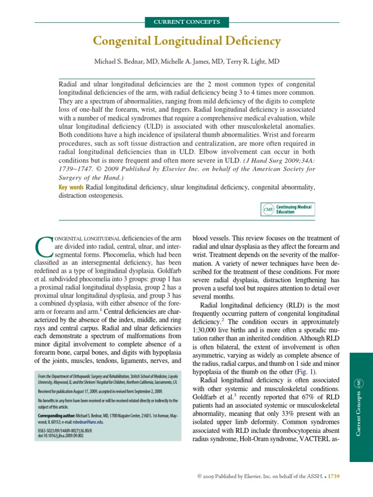 Bednar MS, James MA, Light TR. Congenital Longitudinal Deficiency. J ...