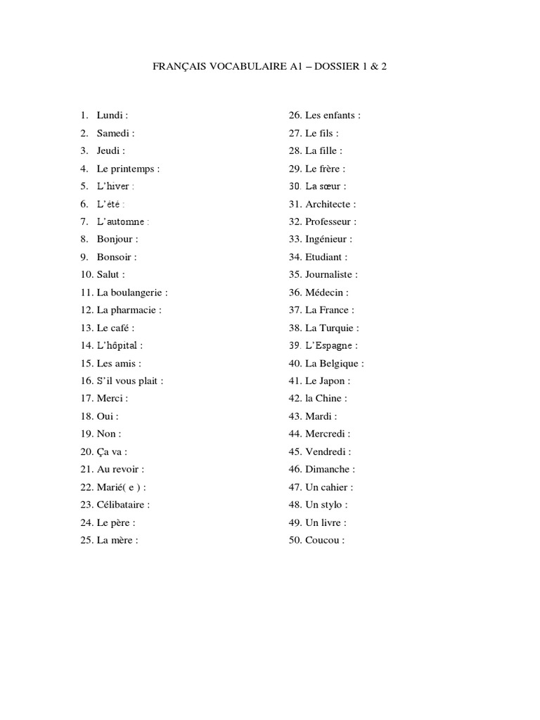 Vocabulaire Essentiel Français A1 | PDF