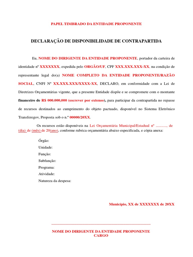 Declaração de Disponibilidade de Contrapartida | PDF | Finanças e ...
