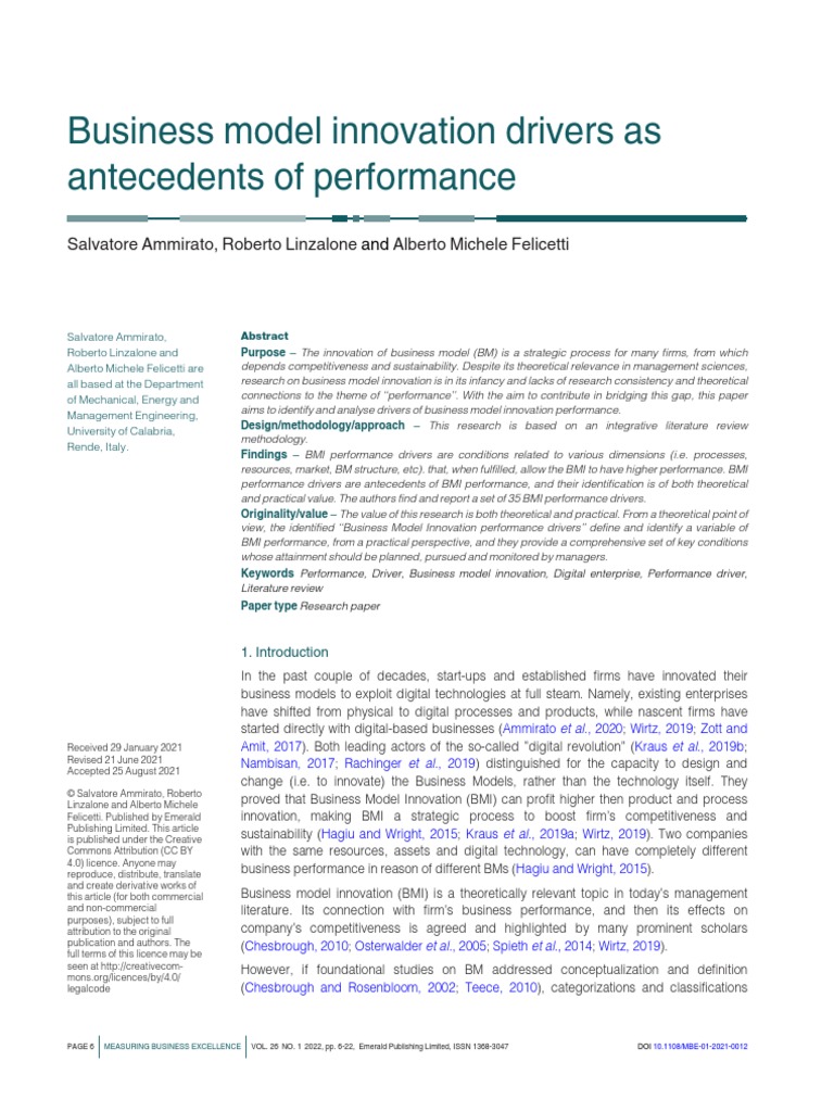 Ammirato Et Al. (2021) - Business Model Innovation Drivers As Antecedents of Performance | PDF