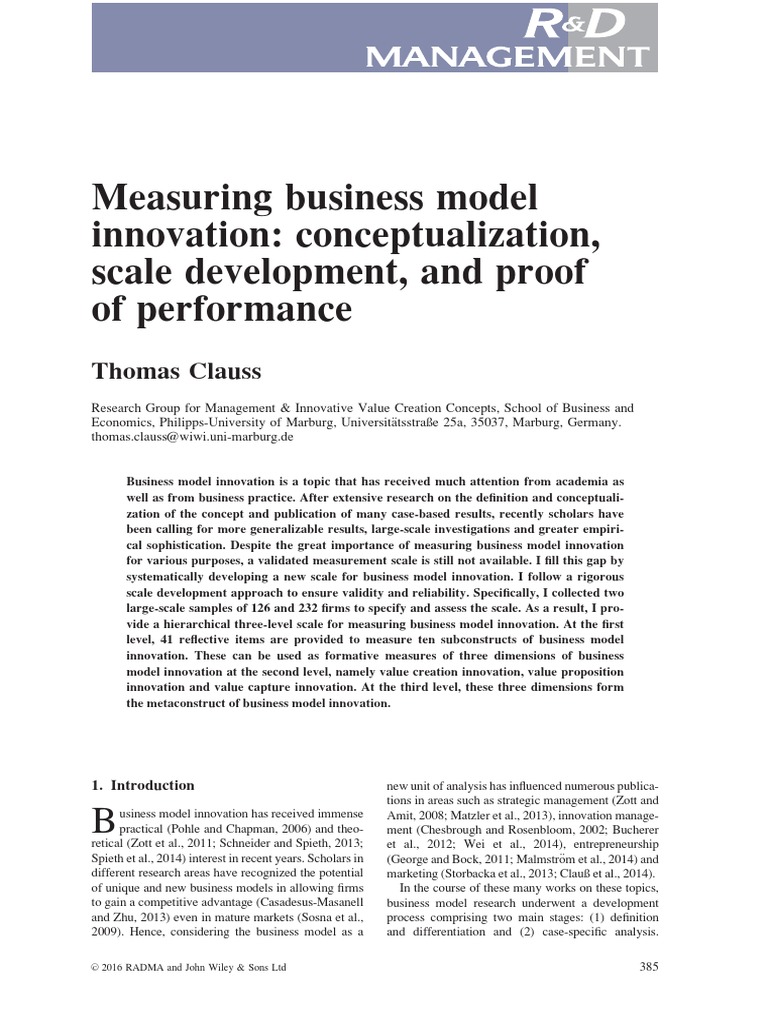 Clauss - (2016) Measuring Business Model Innovation Conceptualization, Scale Development, and ...