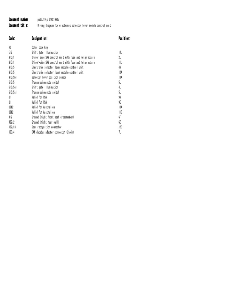 Wiring Diagram For Electronic Selector Lever Module Control Unit | PDF