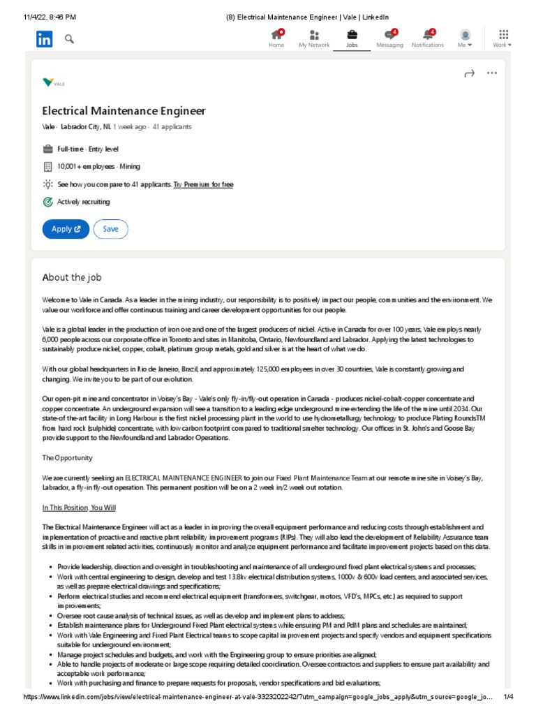 Electrical Maintenance Engineer - Vale - LinkedIn | PDF