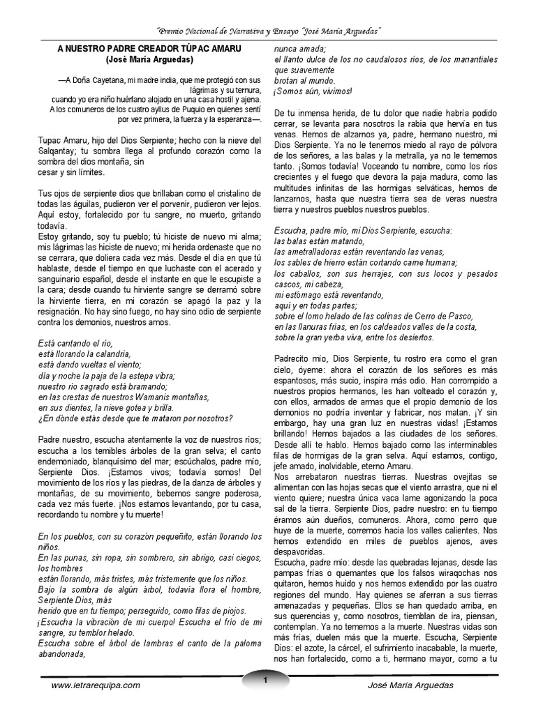 A Nuestro Padre Creador Tupac Amaru | PDF