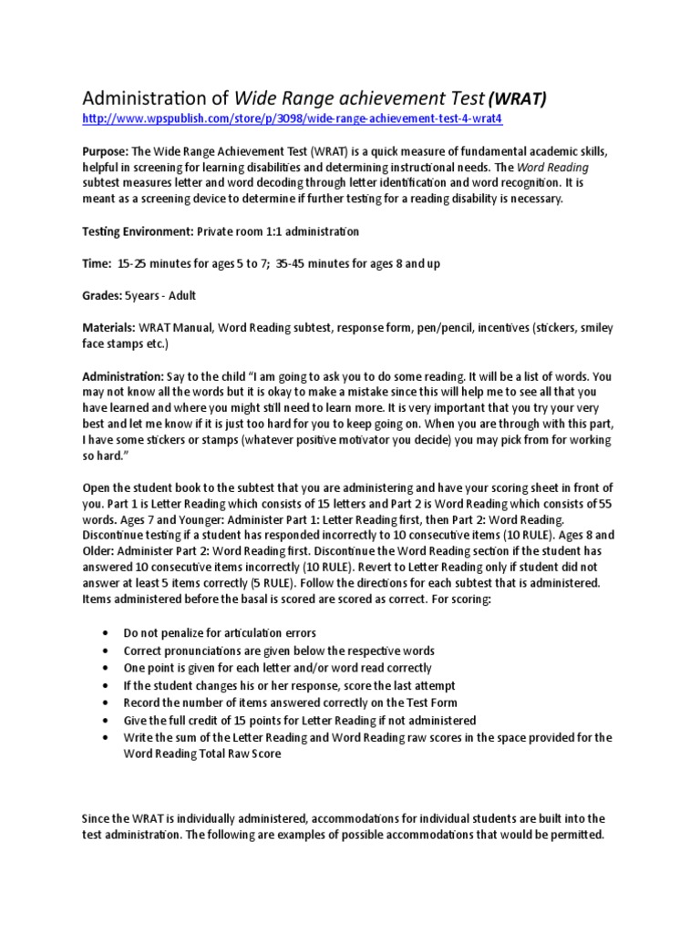 WRAT Administration Guide and Scoring | PDF