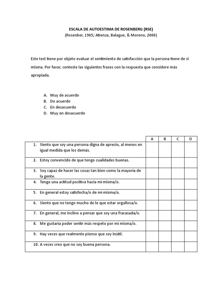 Escala de Autoestima de Rosenberg (Rse) | PDF