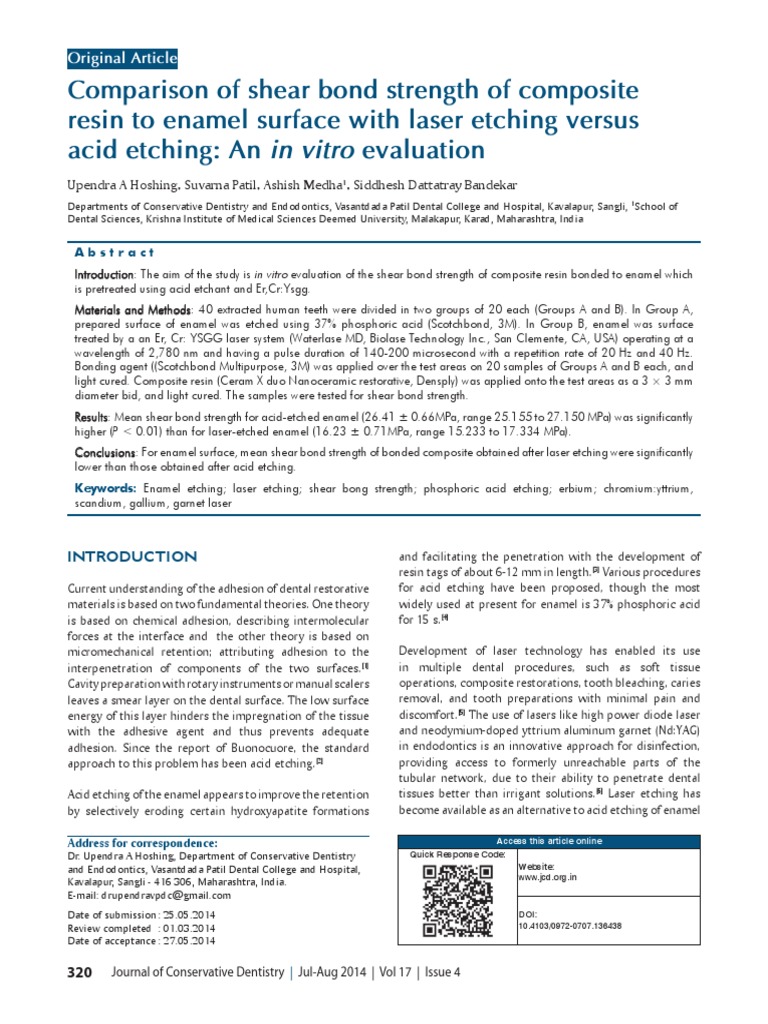 Comparison of Shear Bond Strength of Composite Resin To Enamel Surface With Laser Etching Versus ...