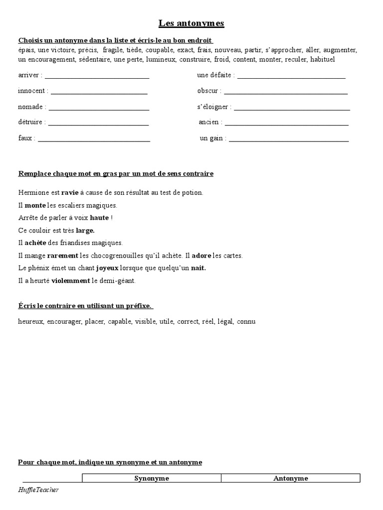 Banque D'exercices Vocabulaire - Les Antonymes | PDF