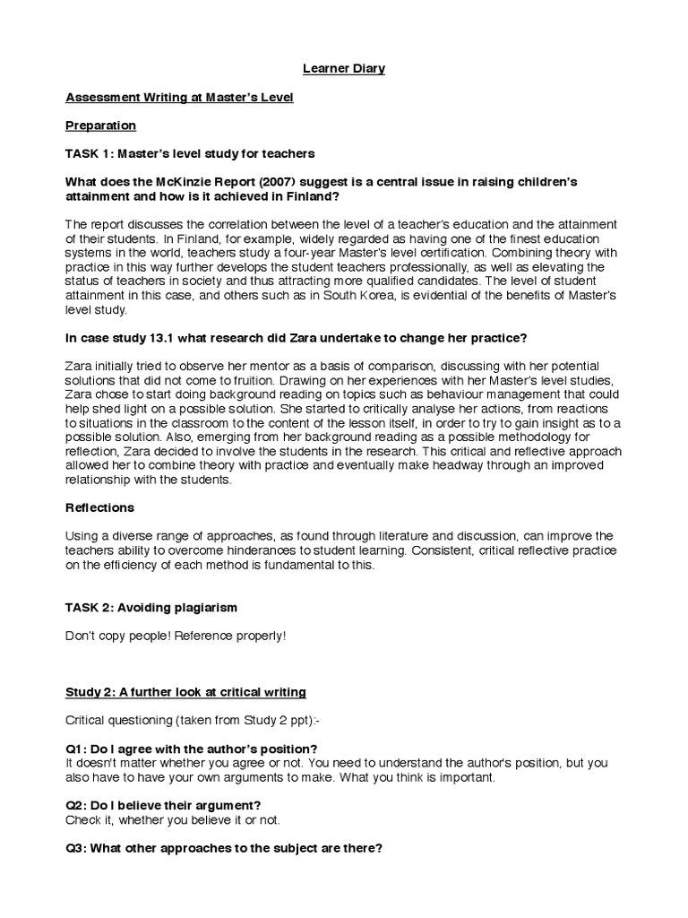 Learning Diary - Masters Level Writing | PDF | Methodology | Teachers