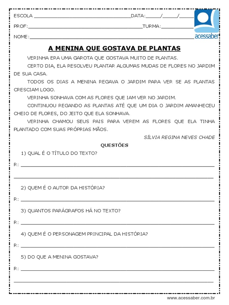 Interpretacao de Texto A Menina Que Gostava de Plantas 2 Ano Ou 3 Ano | PDF