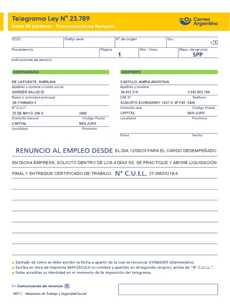 Renuncia-Telegrama Ley 23.789 | PDF