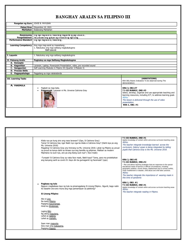 Banghay Aralin Fil 3 Cot 2 | PDF