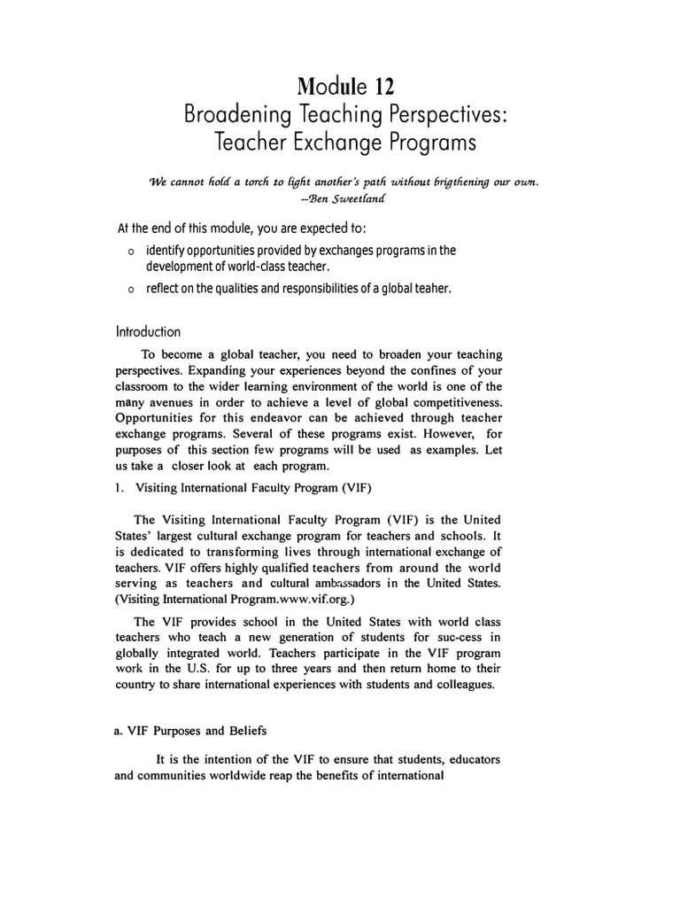 Chapter 12 BROADENING TEACHING PERSPECTIVES TEACHER EXCHANGE PROGRAMS | PDF