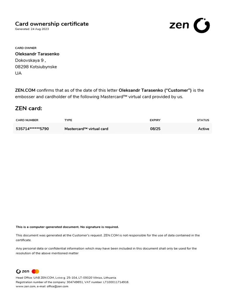Card Ownership Certifcate: Oleksandr Tarasenko | PDF