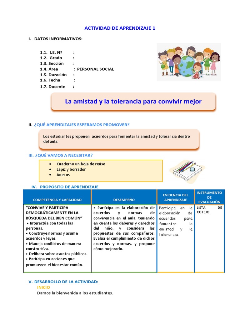 D1 A2 SESION La Amistad y La Tolerancia para Convivir Mejor | PDF ...