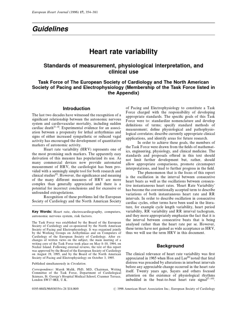 Guidelines Heart Rate Variability HRV - FT 1996 - Eng | PDF
