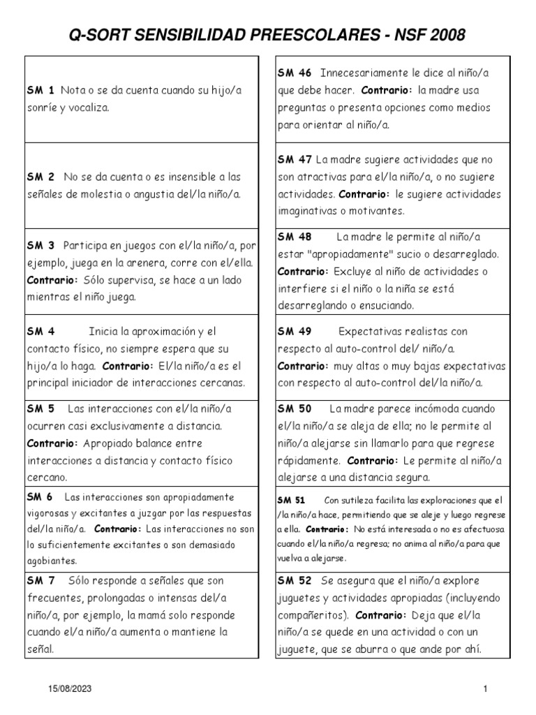 Item Qsort Sen Preescolares | PDF | Salud y bienestar | Estilo de vida