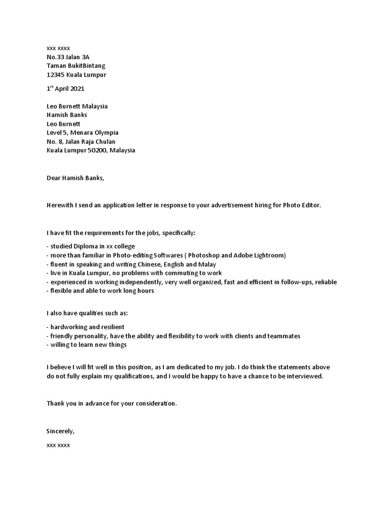 Photo Editor Job Application Letter | PDF