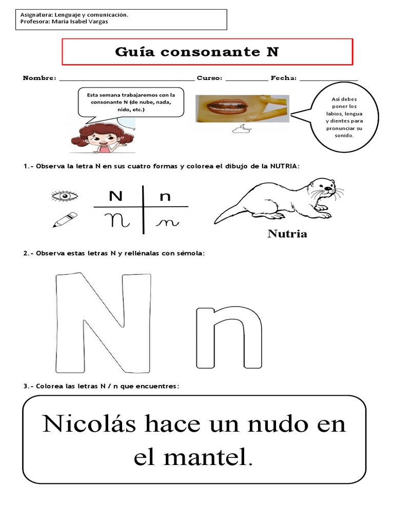 Actividades sobre la consonante N | PDF | Artes del Lenguaje y Comunicación