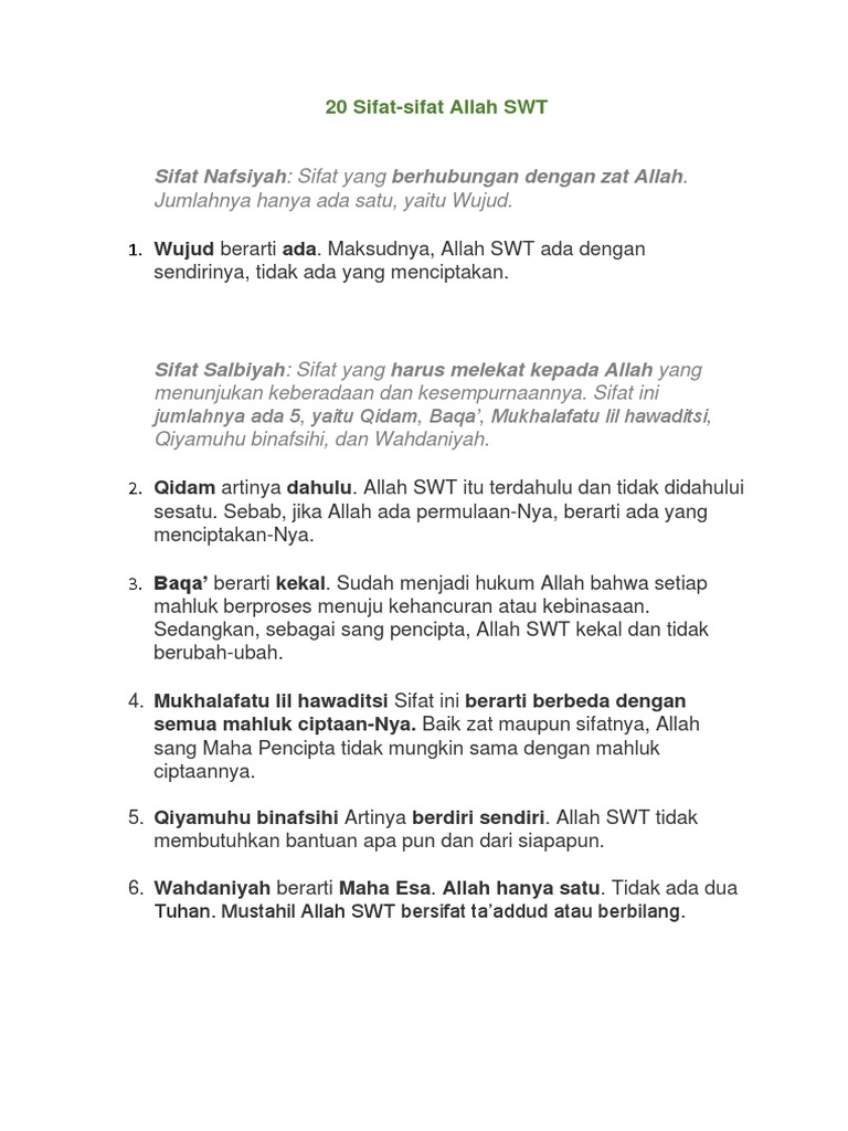 20 Sifat-Sifat Allah SWT | PDF