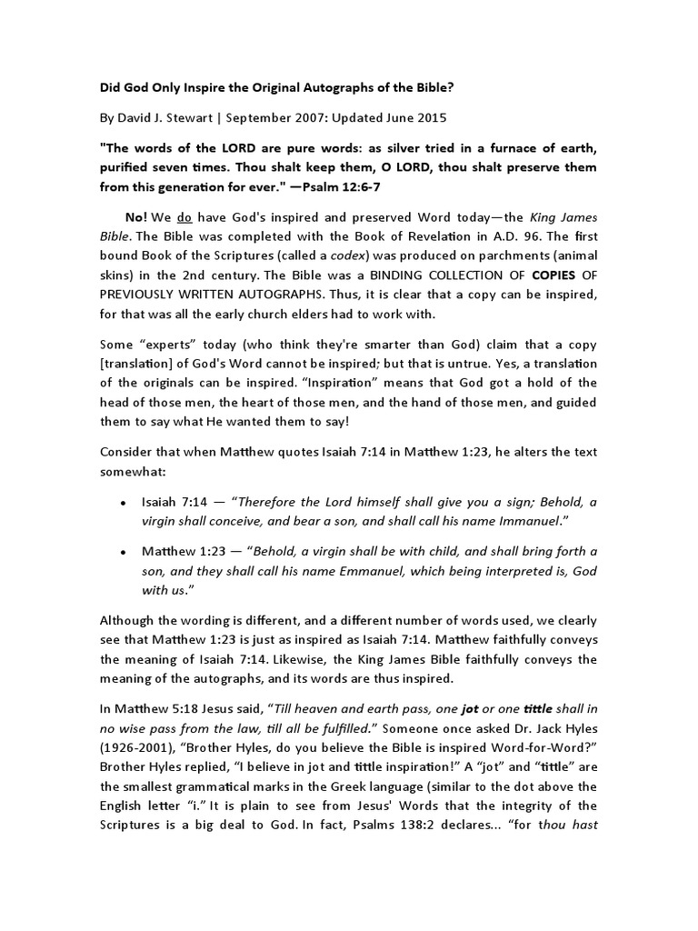 Did God Only Inspire The Original Autographs of The Bible? | PDF