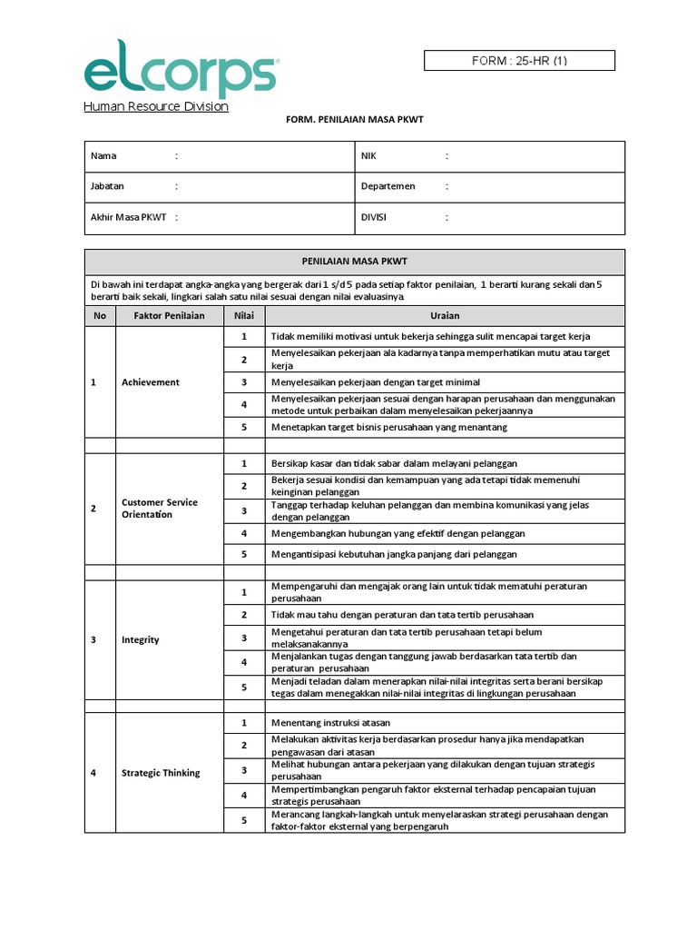 FORM 25-HR (1) - Form Penilaian Masa PKWT (New) | PDF