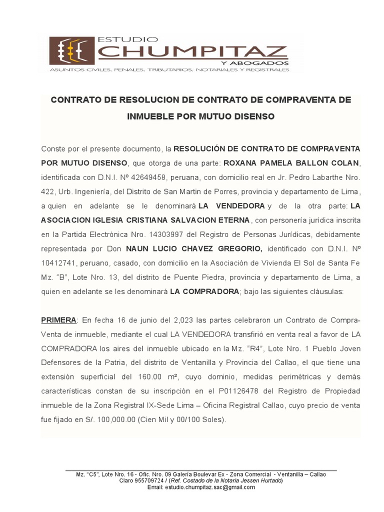 Resolucion de Contrato - ROXANA PAMELA BALLON COLAN | PDF | Justicia ...