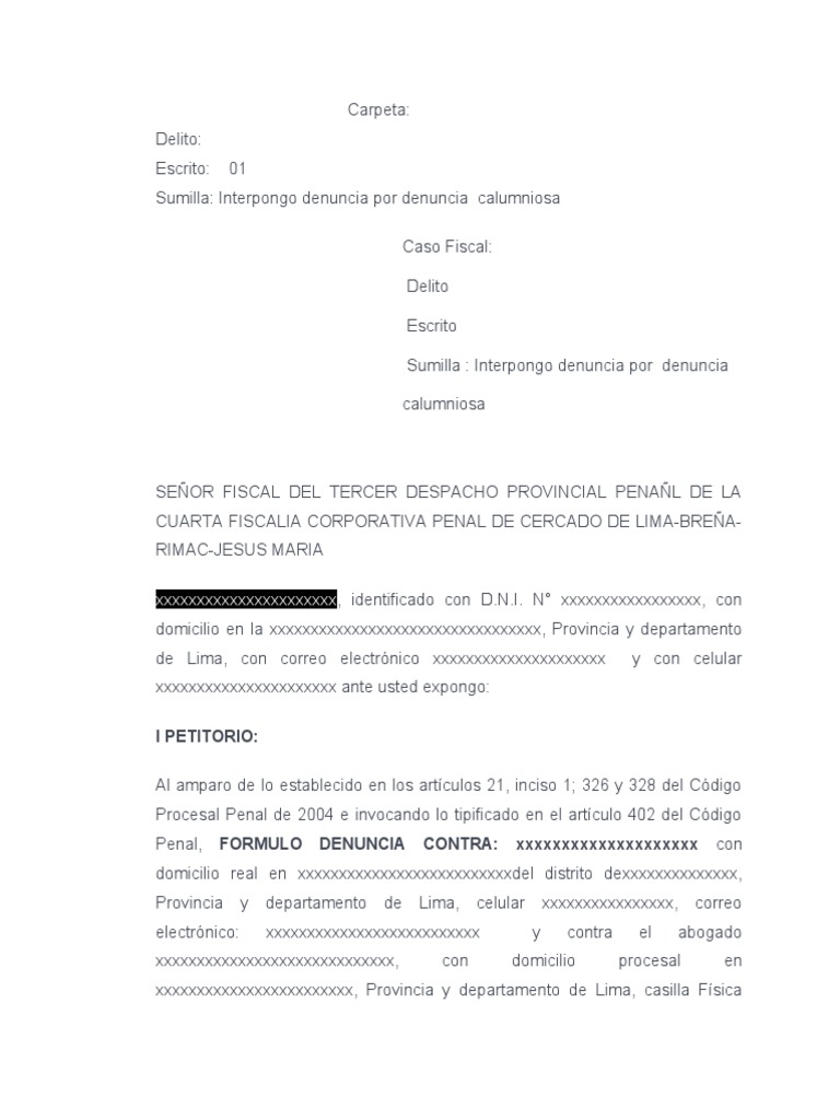 MODDELO ESCRITO DE Denuncia Calumniosa 1 | PDF MODDELO ESCRITO DE Denuncia Calumniosa 1 | PDF