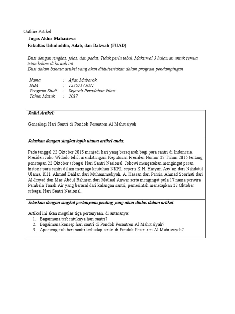 Outline Artikel Afian Mubarok - 102456 | PDF