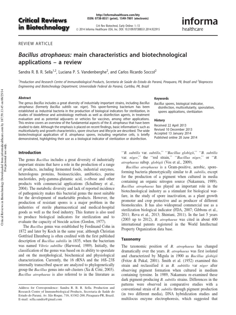 Bacillus Atrophaeus Main Characteristics Pdf